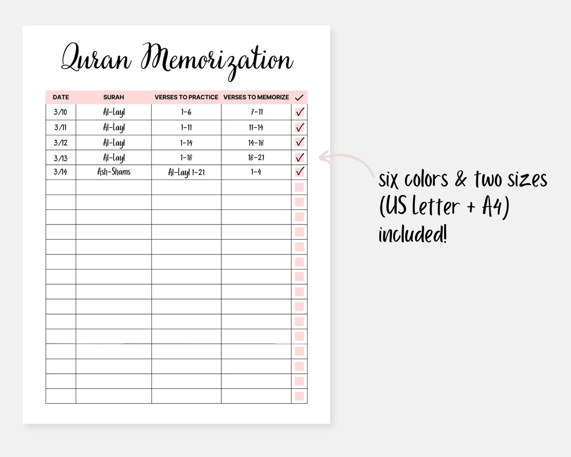 Printable Quran Memorization Tracker, Hifz Log Sheet, Surah Recitation ...