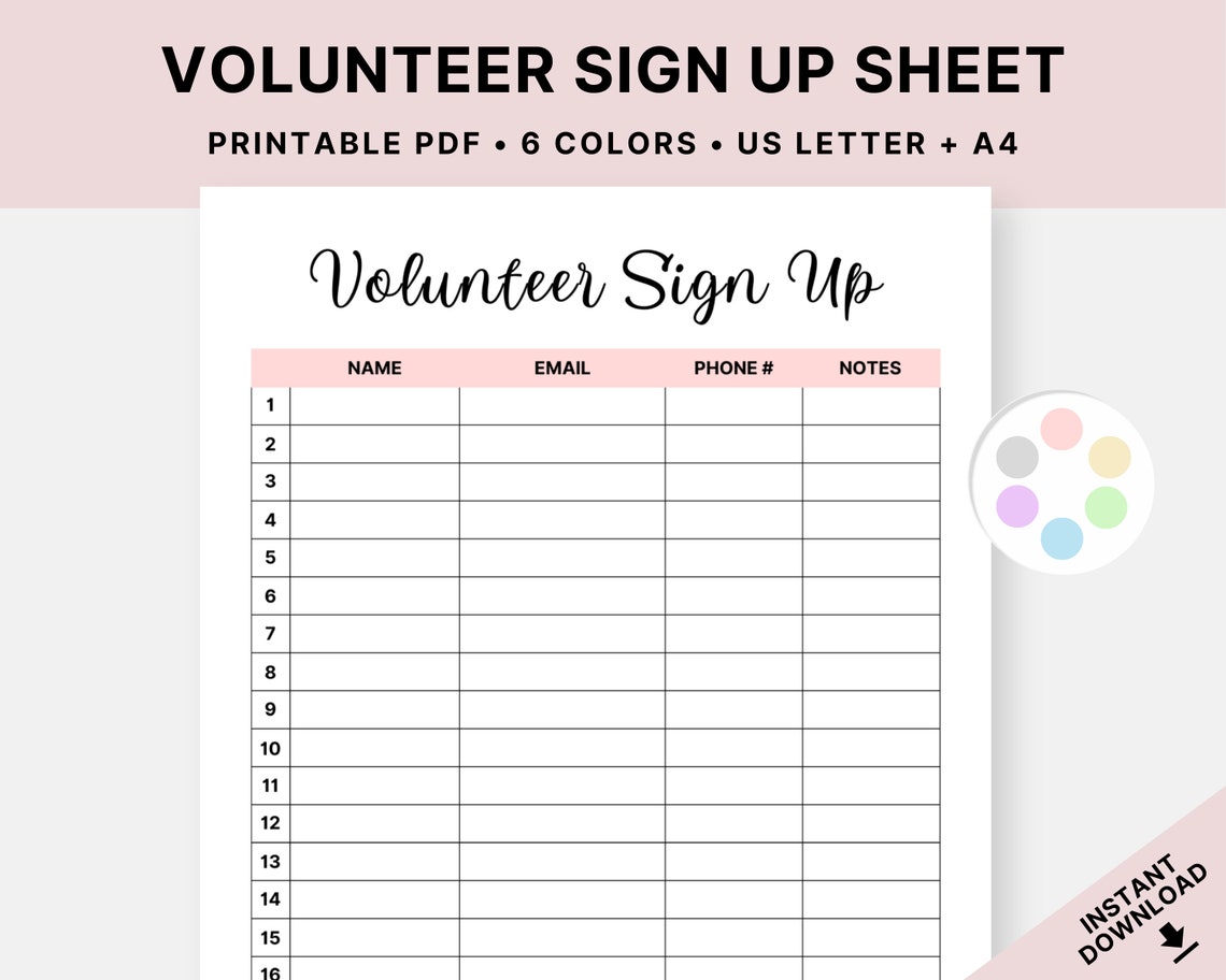 Printable Volunteer Sign up Sheet, Volunteering Form, Event Sign in ...