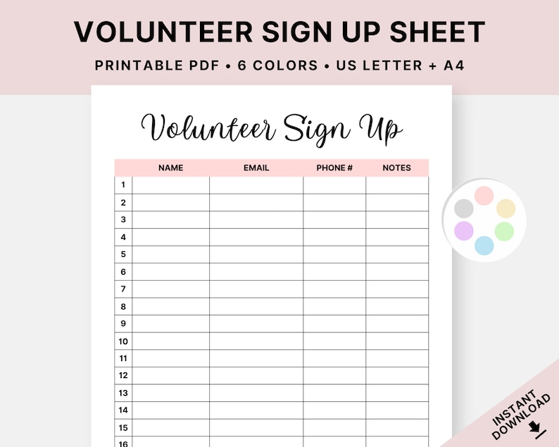 Printable Volunteer Sign up Sheet, Volunteering Form, Event Sign in ...