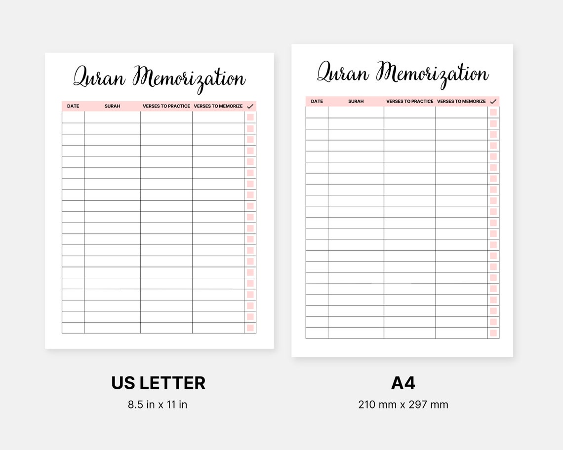 Printable Quran Memorization Tracker, Hifz Log Sheet, Surah Recitation ...