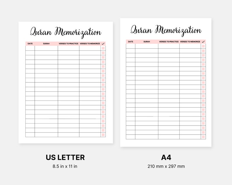 Printable Quran Memorization Tracker, Hifz Log Sheet, Surah Recitation ...