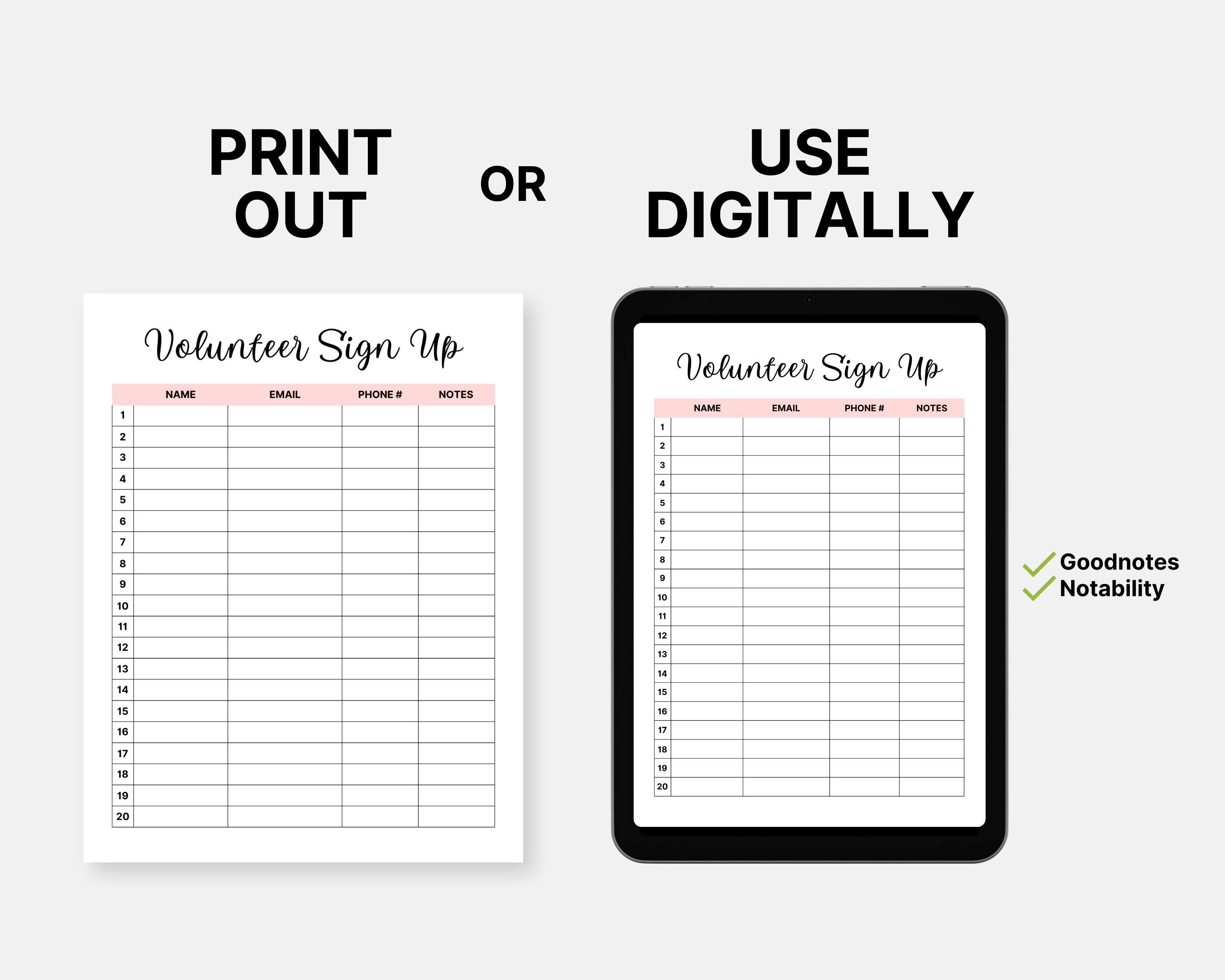 Printable Volunteer Sign up Sheet, Volunteering Form, Event Sign in ...