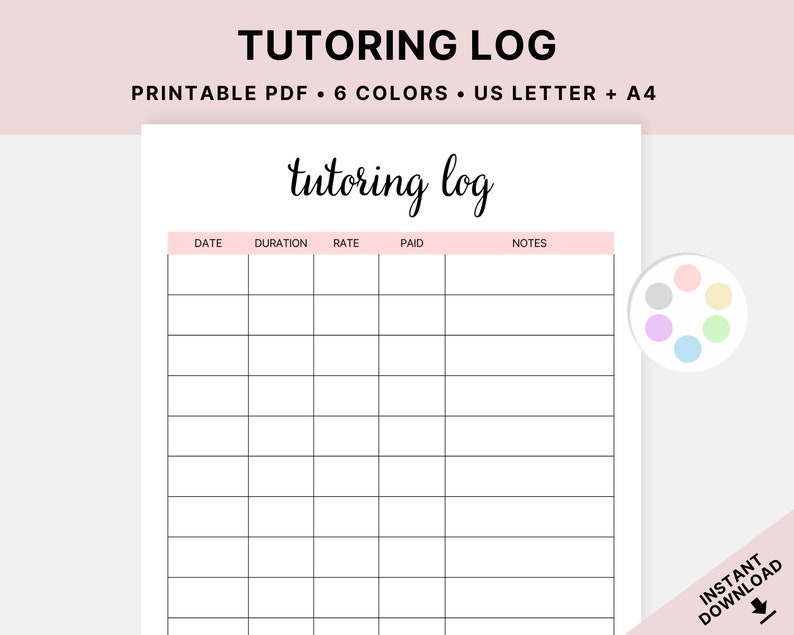 Printable Tutoring Log, Basic Tutoring Tracking Sheet, Income Tracker ...