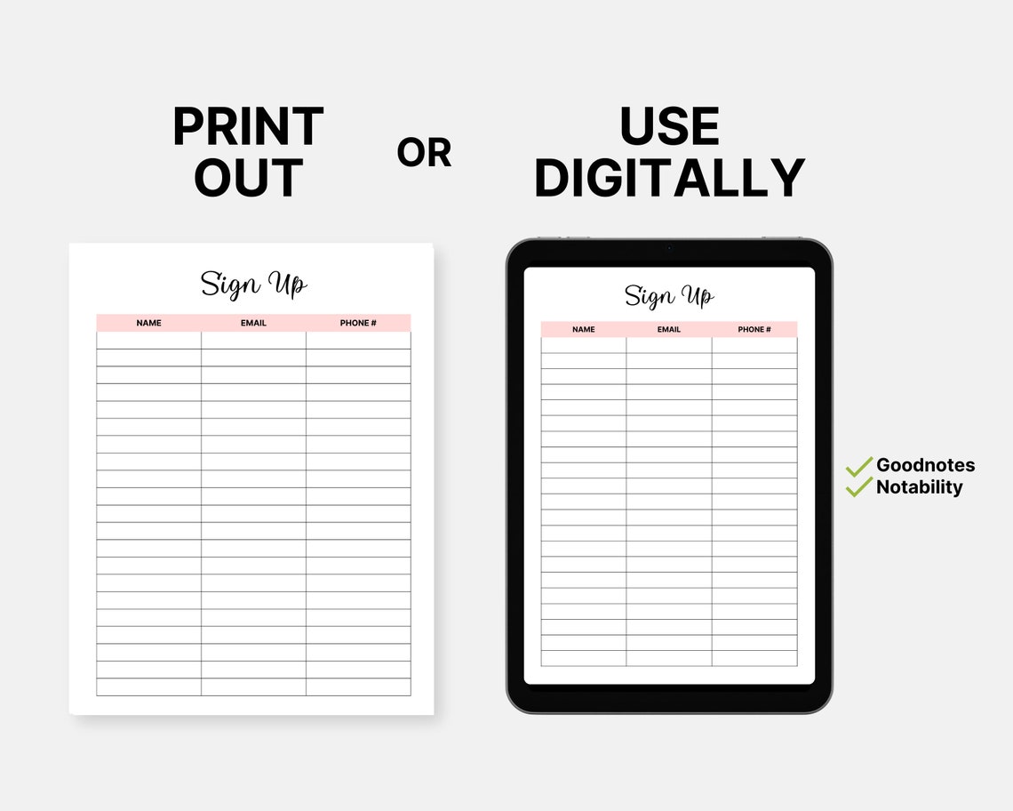 Printable Sign up Sheet, Sign up Form, Event Sign in Template ...
