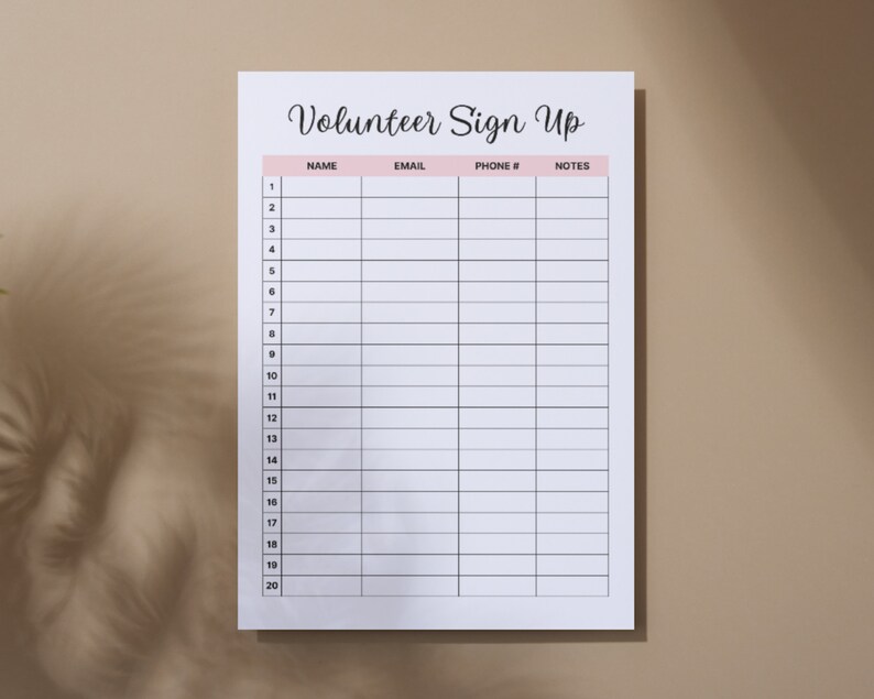 Printable Volunteer Sign up Sheet, Volunteering Form, Event Sign in ...