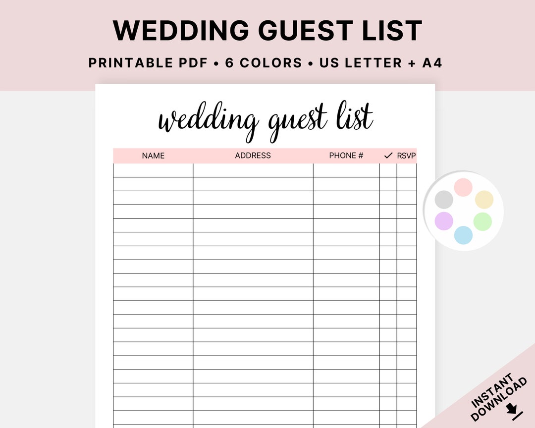 Printable Wedding Guest List, Wedding Planner, Event Planning, Guest ...
