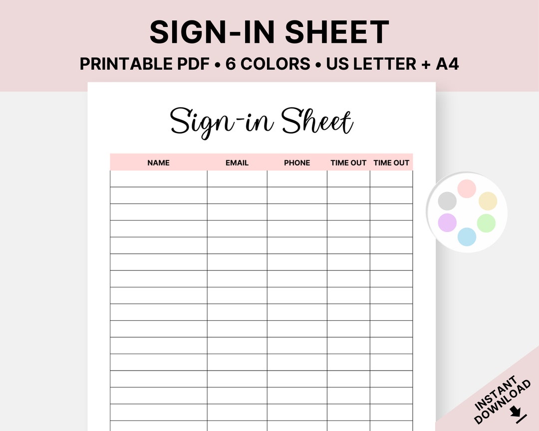 Printable Sign-in Sheet, Visitor Sign In/sign Out, Client Sign in Sheet ...