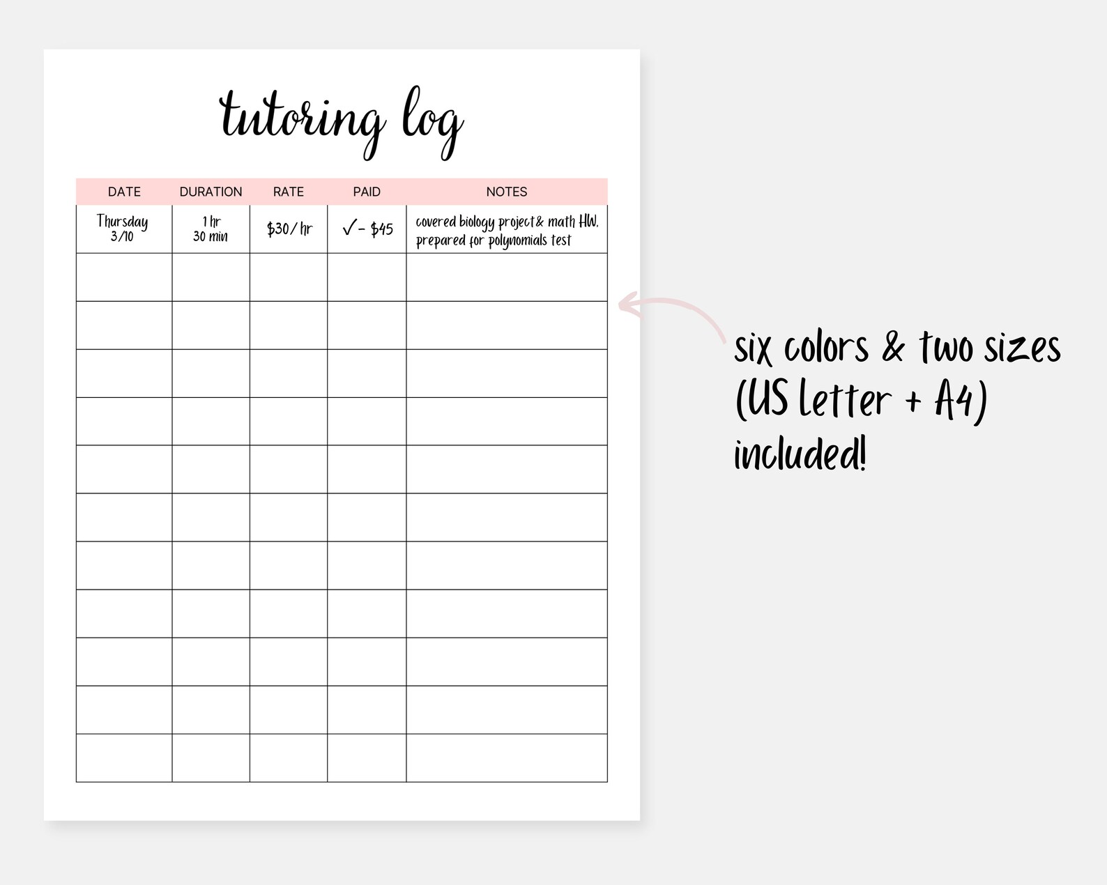 Printable Tutoring Log, Basic Tutoring Tracking Sheet, Income Tracker ...