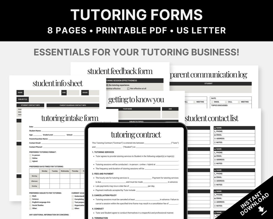 Printable Tutoring Forms, Tutoring Business Essentials, 8 Pages, Tutor ...