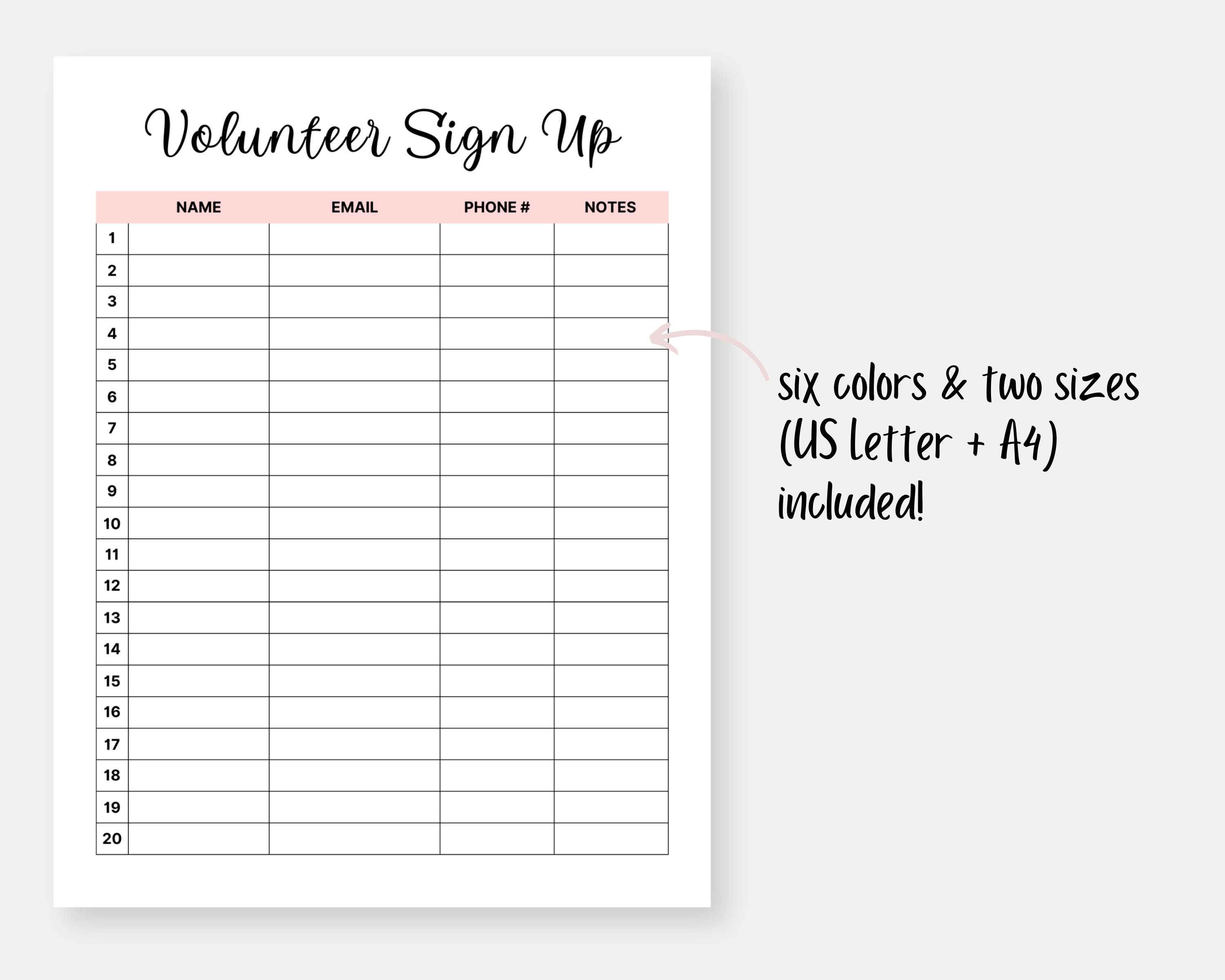 Printable Volunteer Sign up Sheet, Volunteering Form, Event Sign in ...