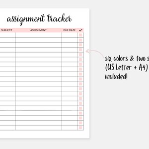 Printable Assignment Tracker Assignment Log Homework | Etsy
