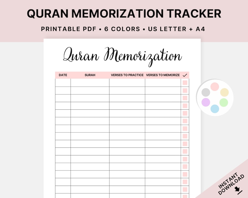 Printable Quran Memorization Tracker, Hifz Log Sheet, Surah Recitation ...