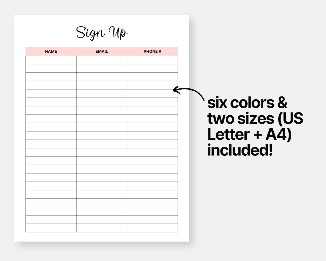 Printable Sign up Sheet, Sign up Form, Event Sign in Template ...