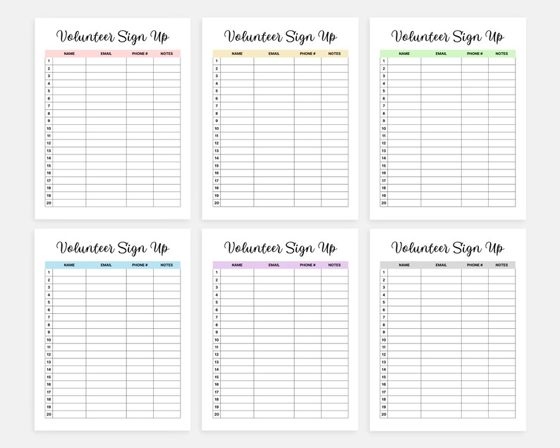 Printable Volunteer Sign up Sheet, Volunteering Form, Event Sign in ...
