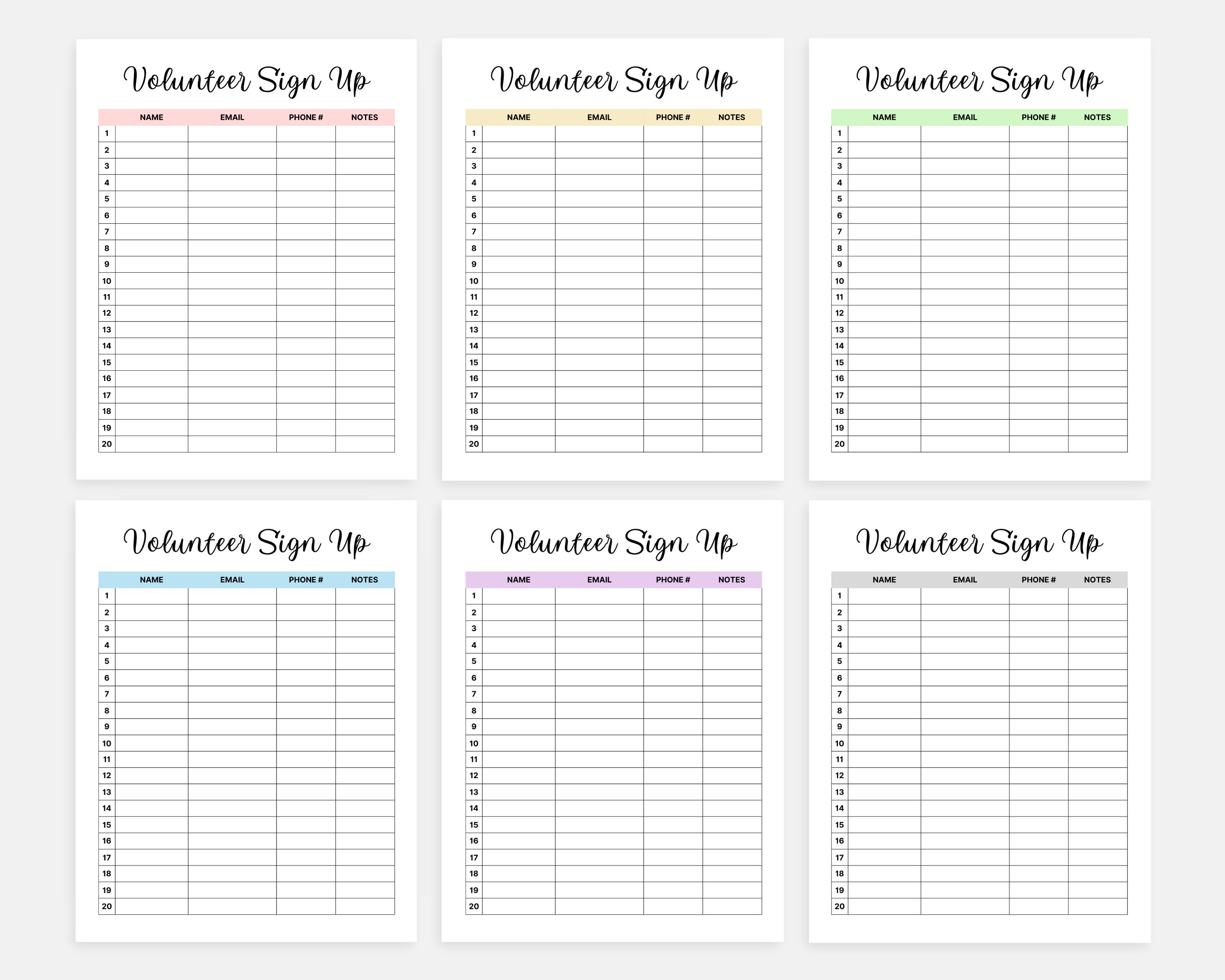 Printable Volunteer Sign up Sheet, Volunteering Form, Event Sign in ...