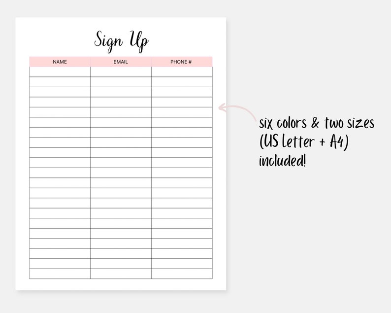 Printable Sign up Sheet, Sign up Form, Event Sign in Template ...