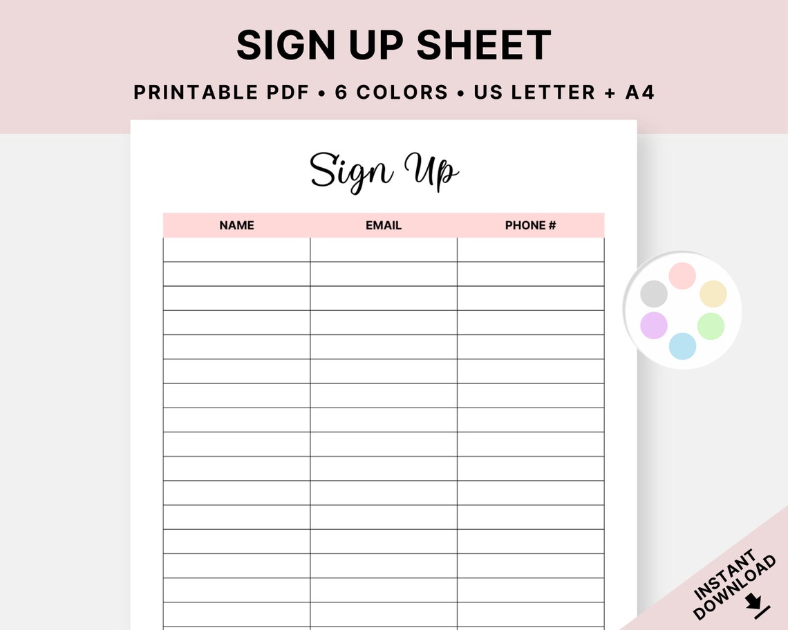 Printable Sign up Sheet, Sign up Form, Event Sign in Template ...