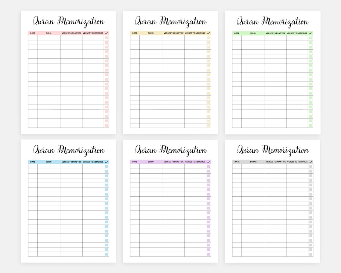 Printable Quran Memorization Tracker, Hifz Log Sheet, Surah Recitation ...