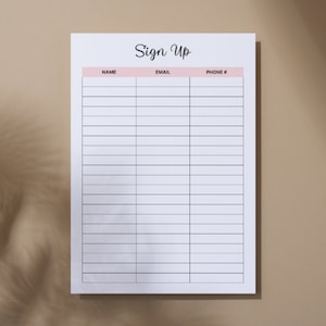 Printable Sign up Sheet, Sign up Form, Event Sign in Template ...