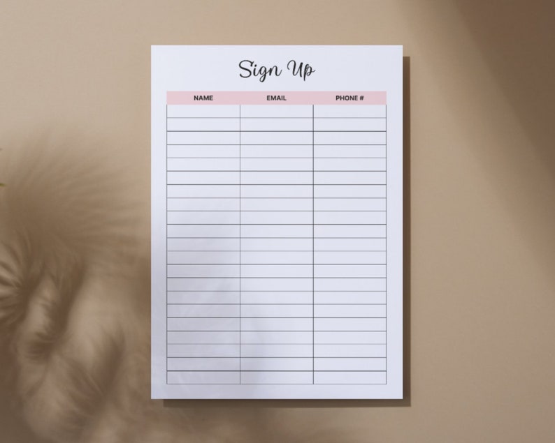 Printable Sign up Sheet, Sign up Form, Event Sign in Template ...
