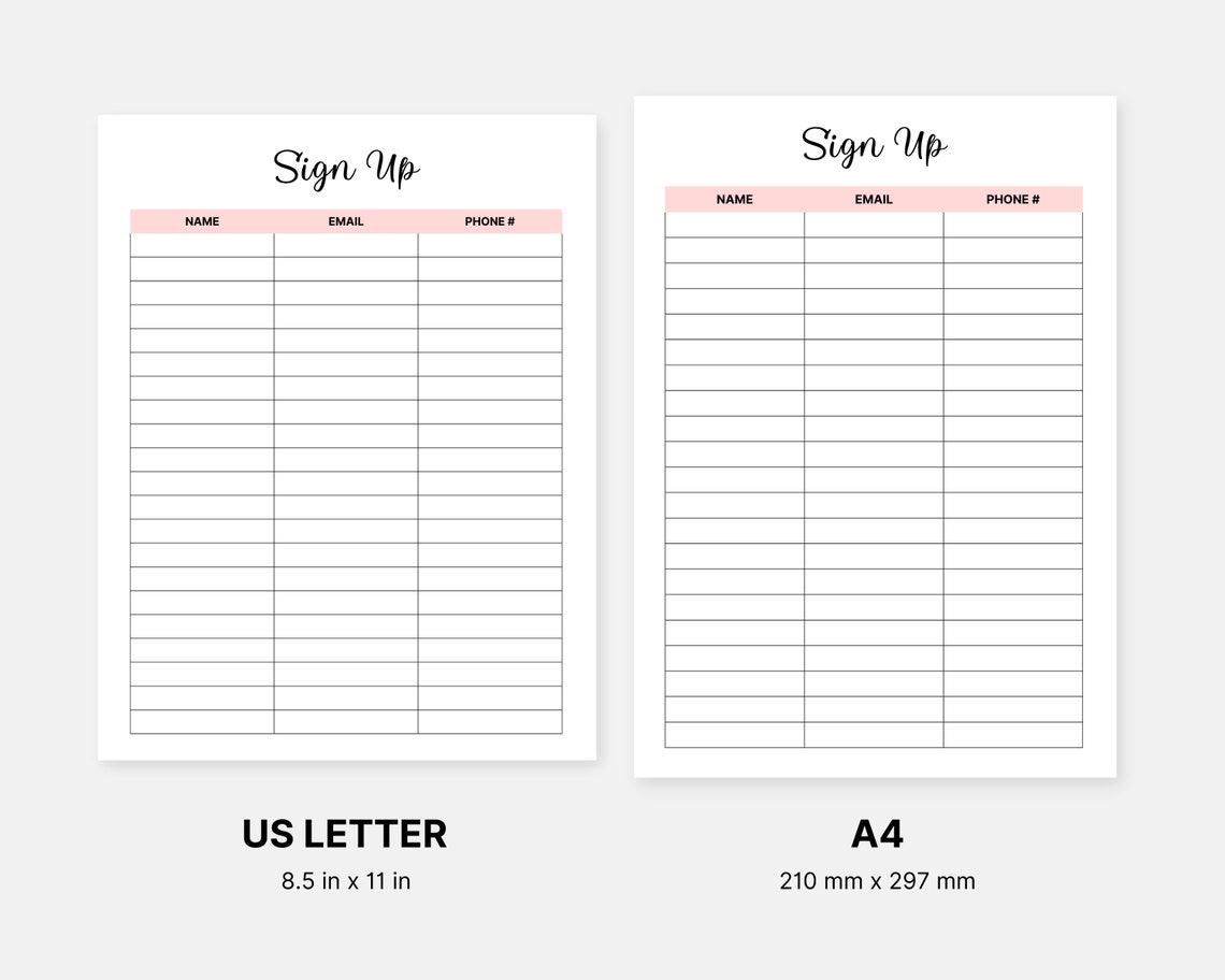 Printable Sign up Sheet, Sign up Form, Event Sign in Template ...