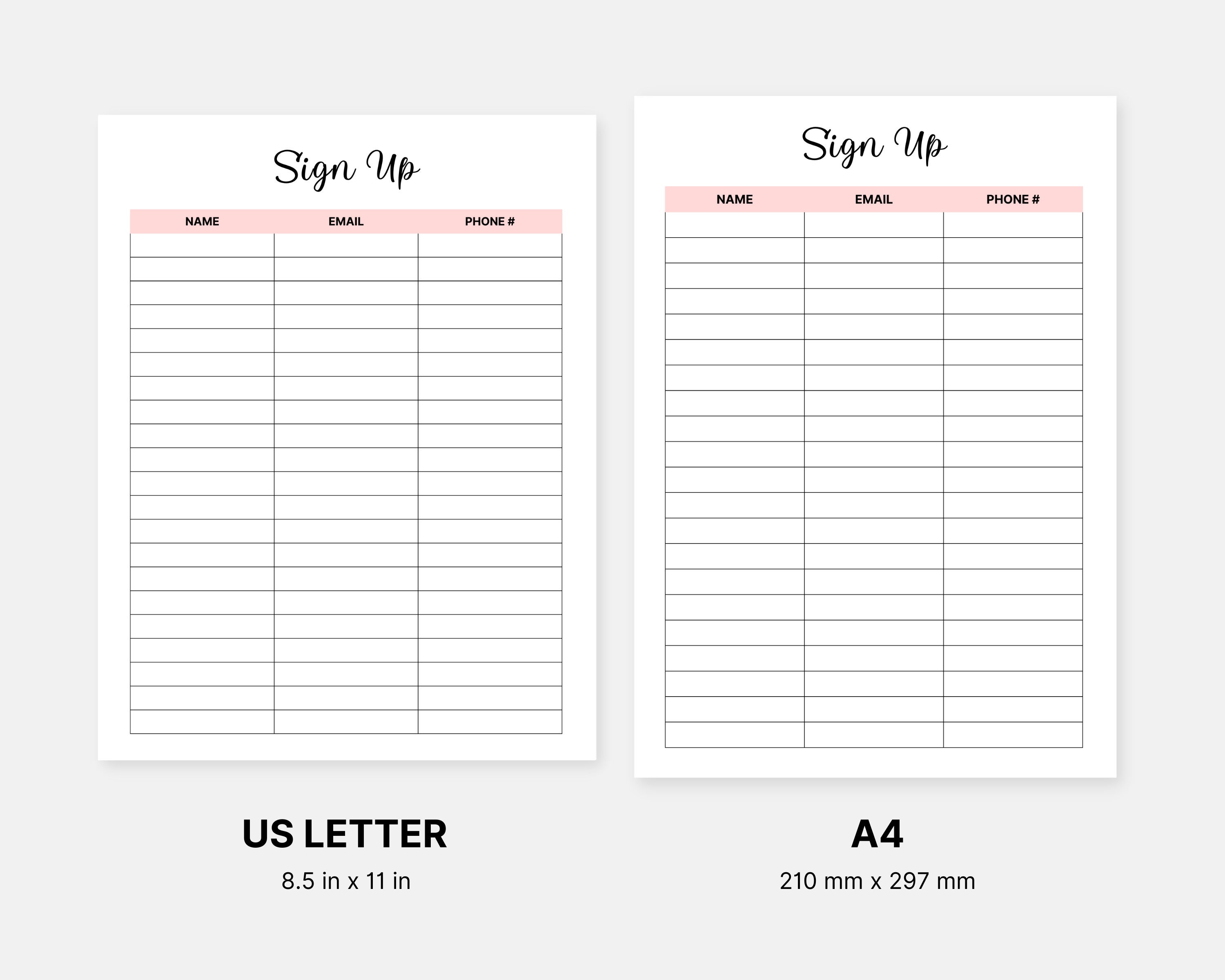 Printable Sign up Sheet, Sign up Form, Event Sign in Template ...