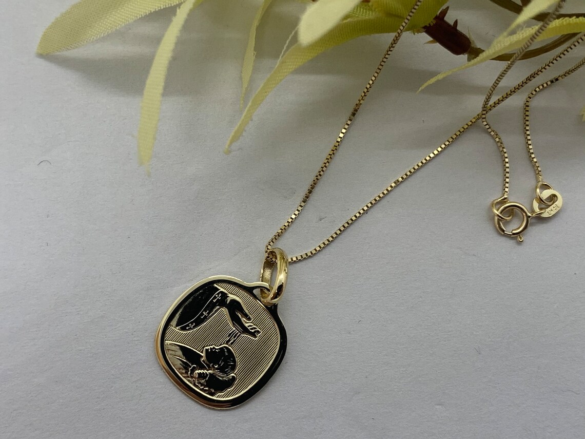 14k Solid Gold Baptism Pendant Necklace With Box Chain - Etsy