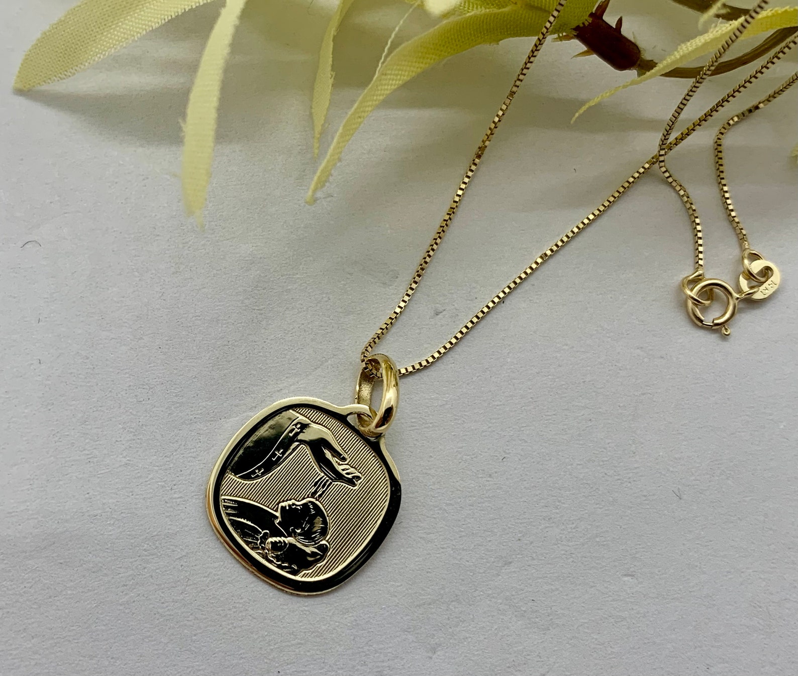 14k Solid Gold Baptism Pendant Necklace With Box Chain - Etsy