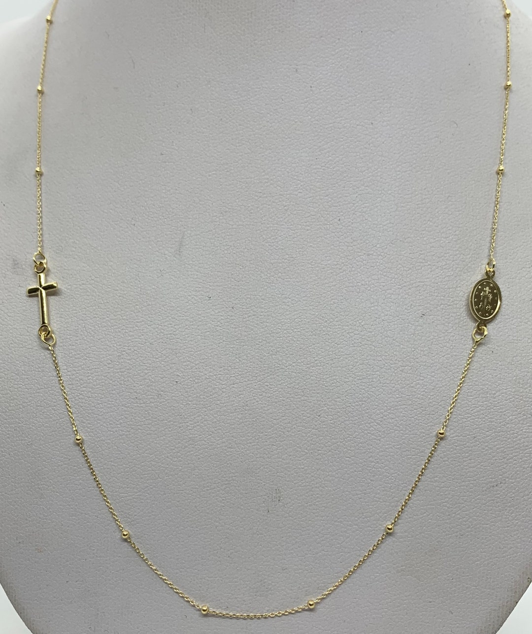 14k Solid Gold Beaded Rosary Necklace: Fine Gold Cross, Miraculous Mary ...