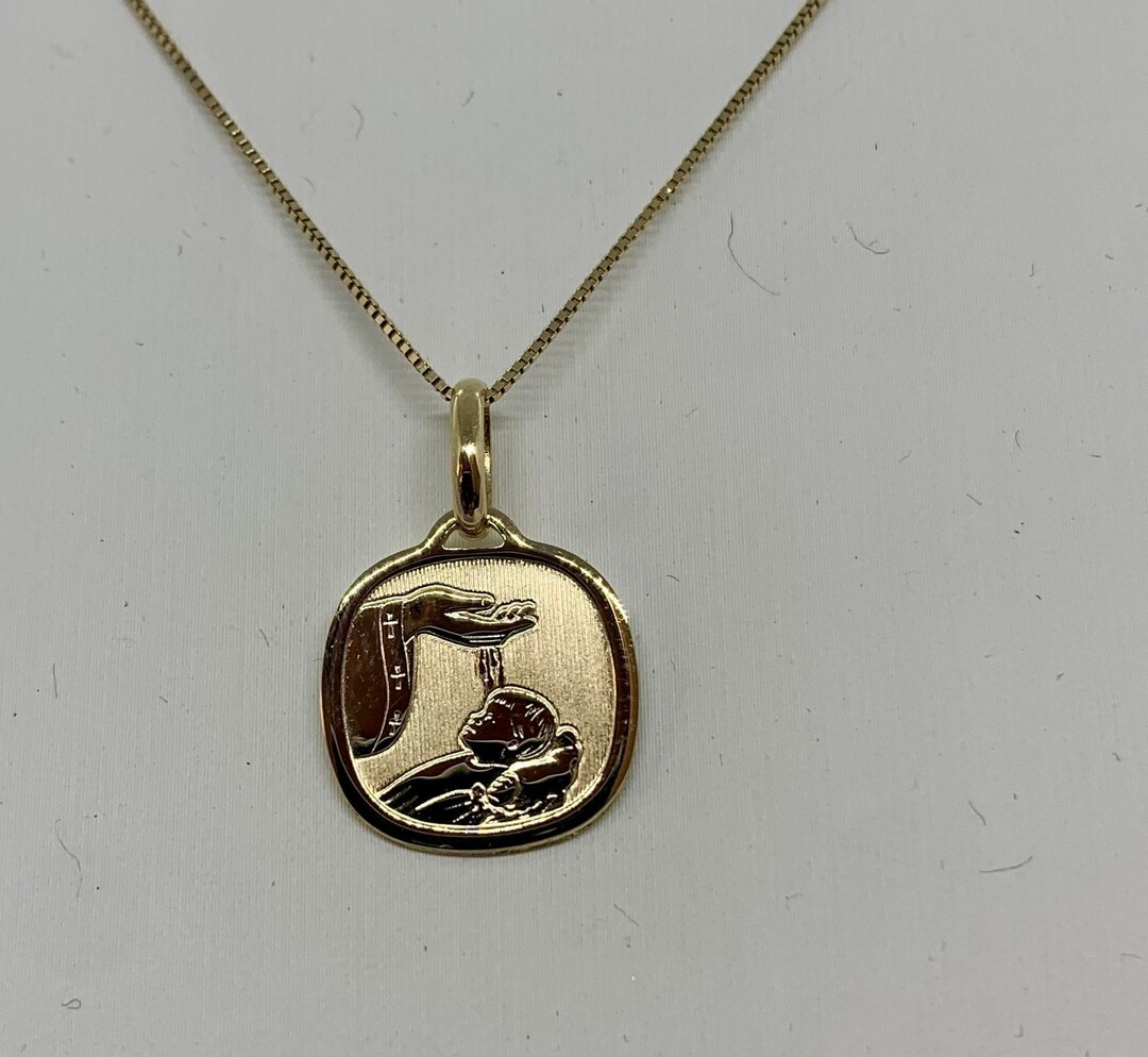 14k Solid Gold Baptism Pendant Necklace With Box Chain - Etsy