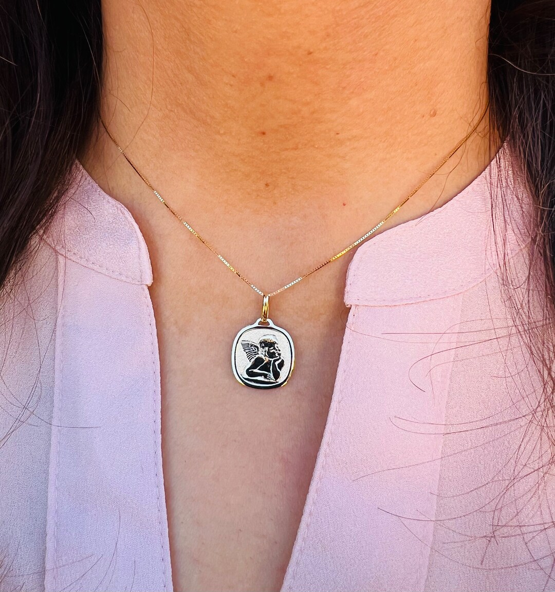 14k Solid Gold Angel Pendant Necklace: Square Cherub Disc, Free ...
