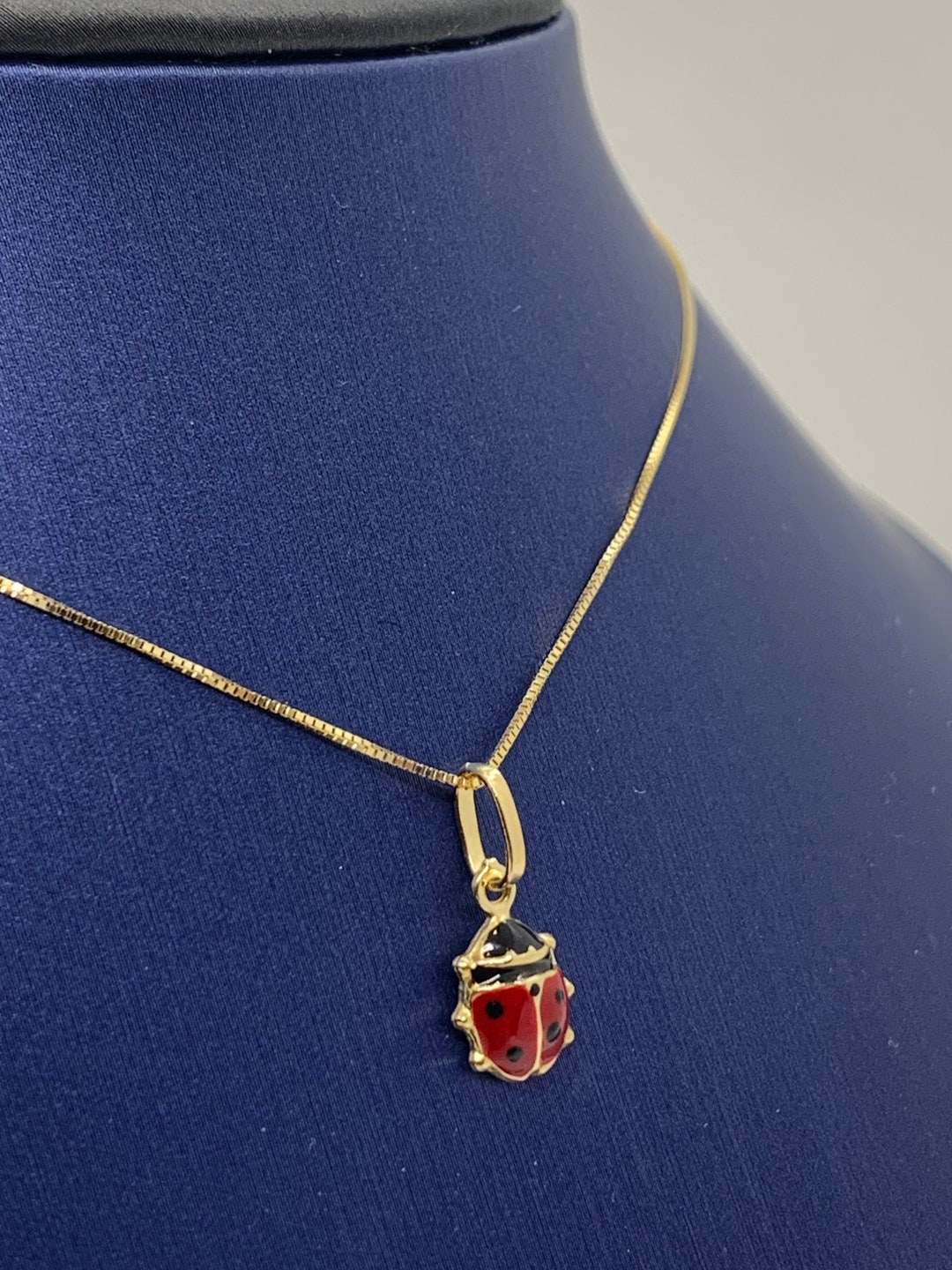 14K Solid Gold Ladybug Charm Necklace: Red Black Enamel Pendant - Etsy