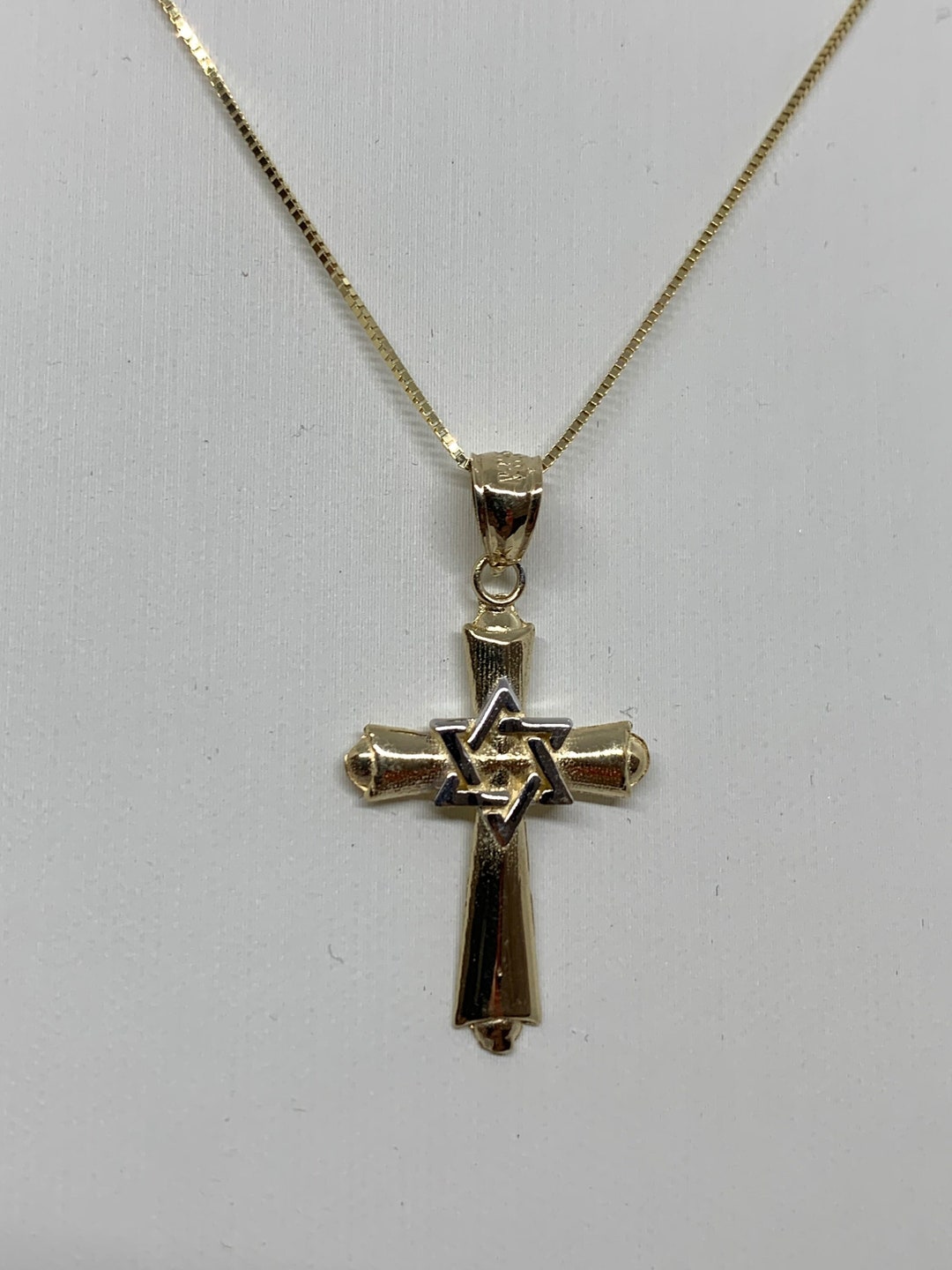 Star David With Cross Pendant 14k Solid Two Tone Gold Cross Charm 14k ...