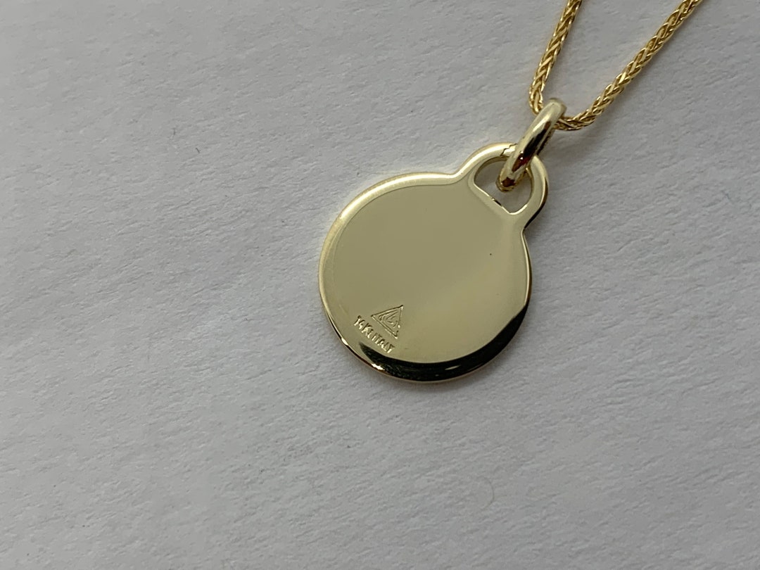 14k Solid Gold Round Tag Necklace: Custom Engraved Pendant, Wheat Chain ...