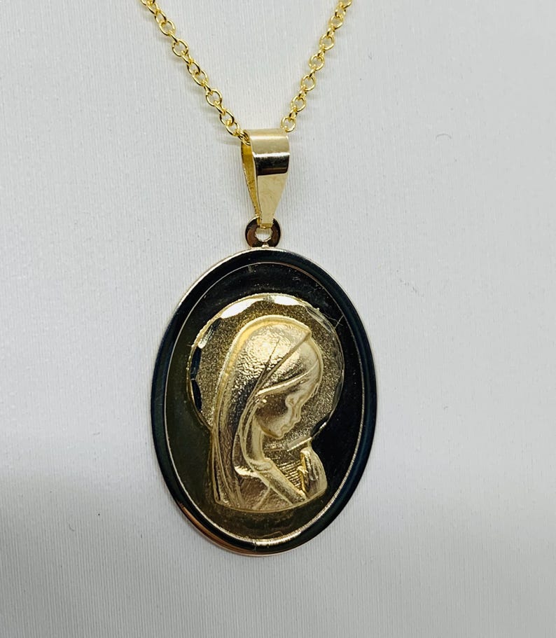 14K Solid Gold Virgin Mary Pendant: Religious Rollo Chain Necklace - Etsy