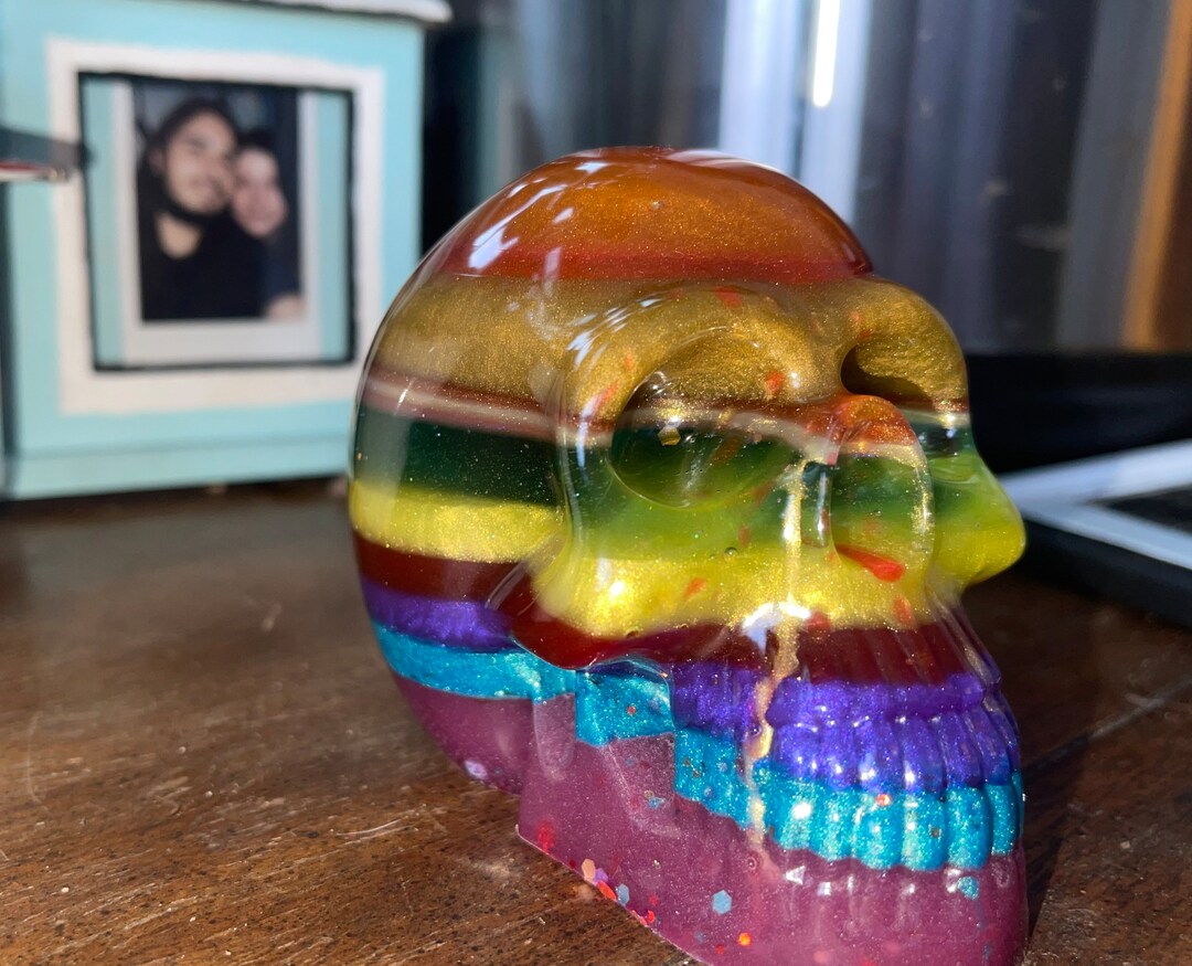 Rainbow Stripe Skull Statue, Unique Home Decor, Multicolored Decor ...