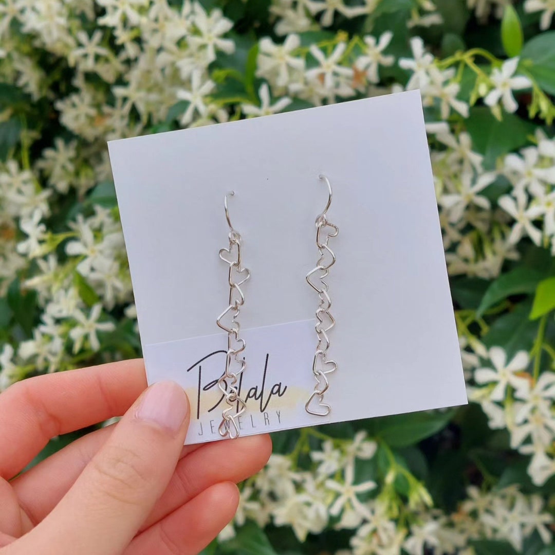 Sterling Silver Heart Dangle Earrings // Silver Heart Chain Earrings ...