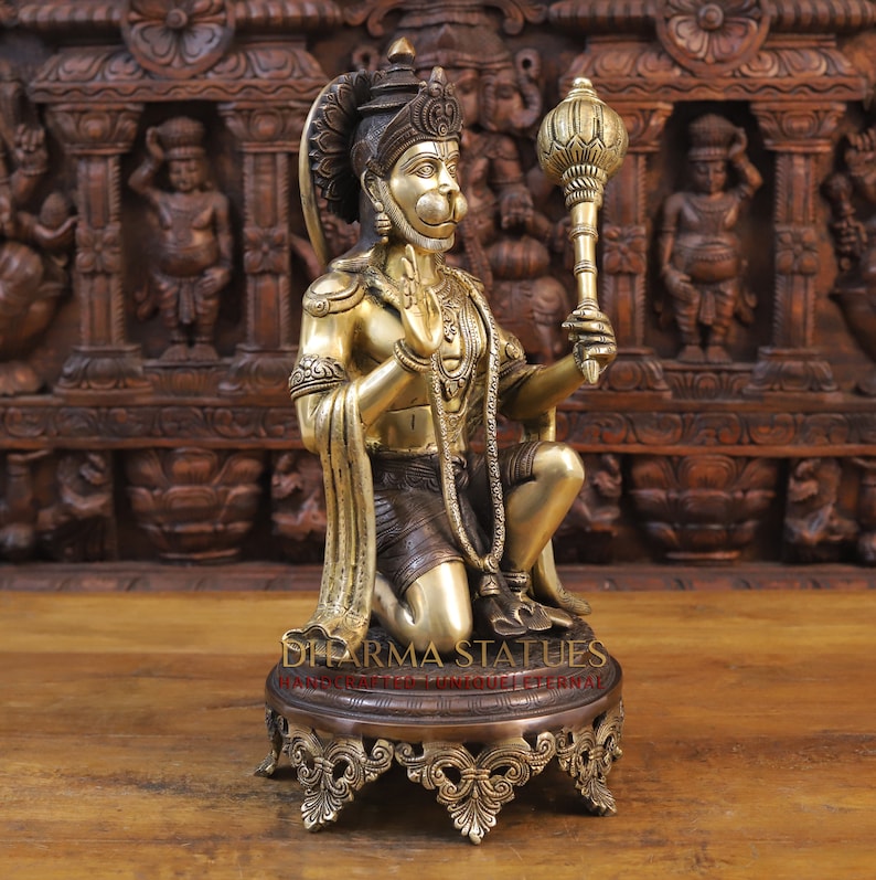 Brass Stalwart Fearless Lord Hanuman Seated on a Pedestal With a Mace ...