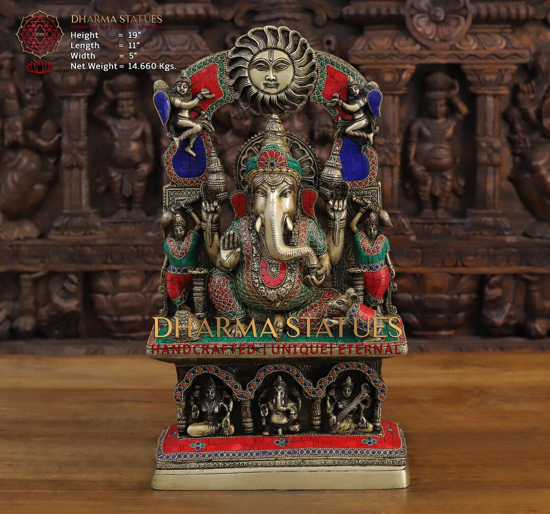 Brass Veda Ganesha With Surya Chakra-indra & Vayu Deva Showering on the ...