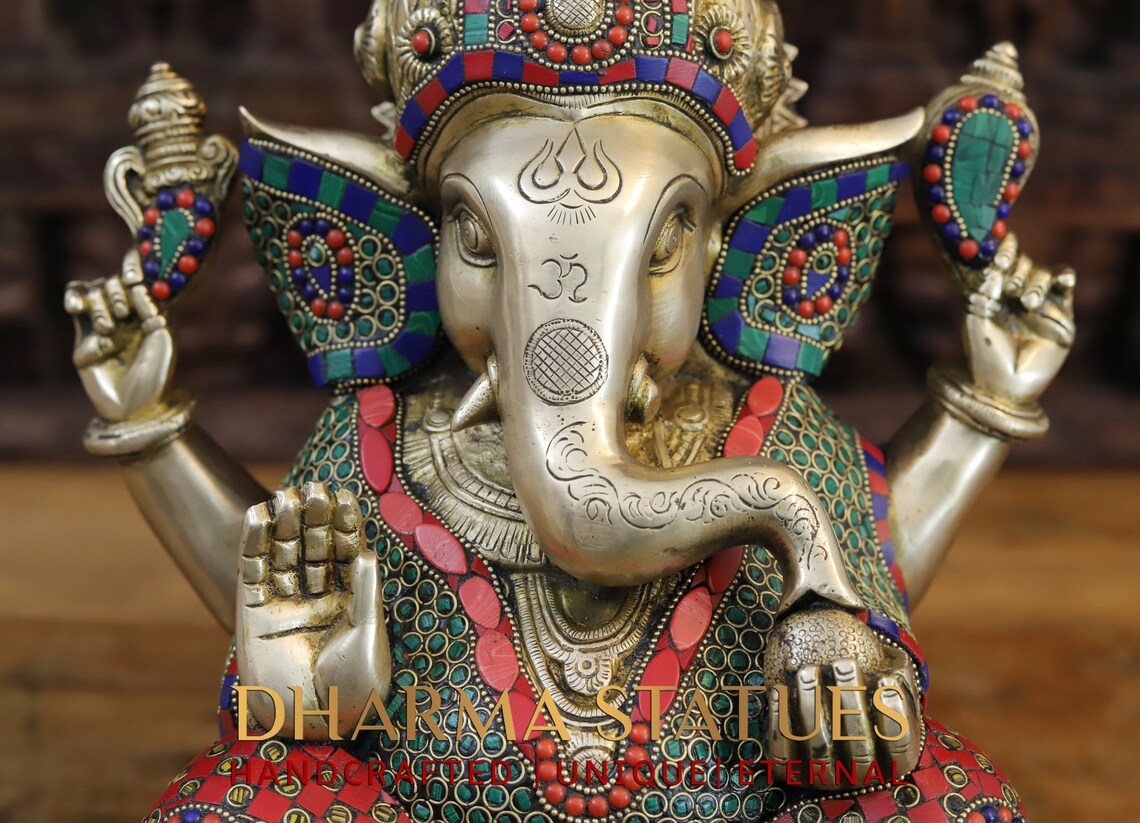 Brass Aasana Ganpati (ganesha) in Detailed Semi Precious High Detailed ...
