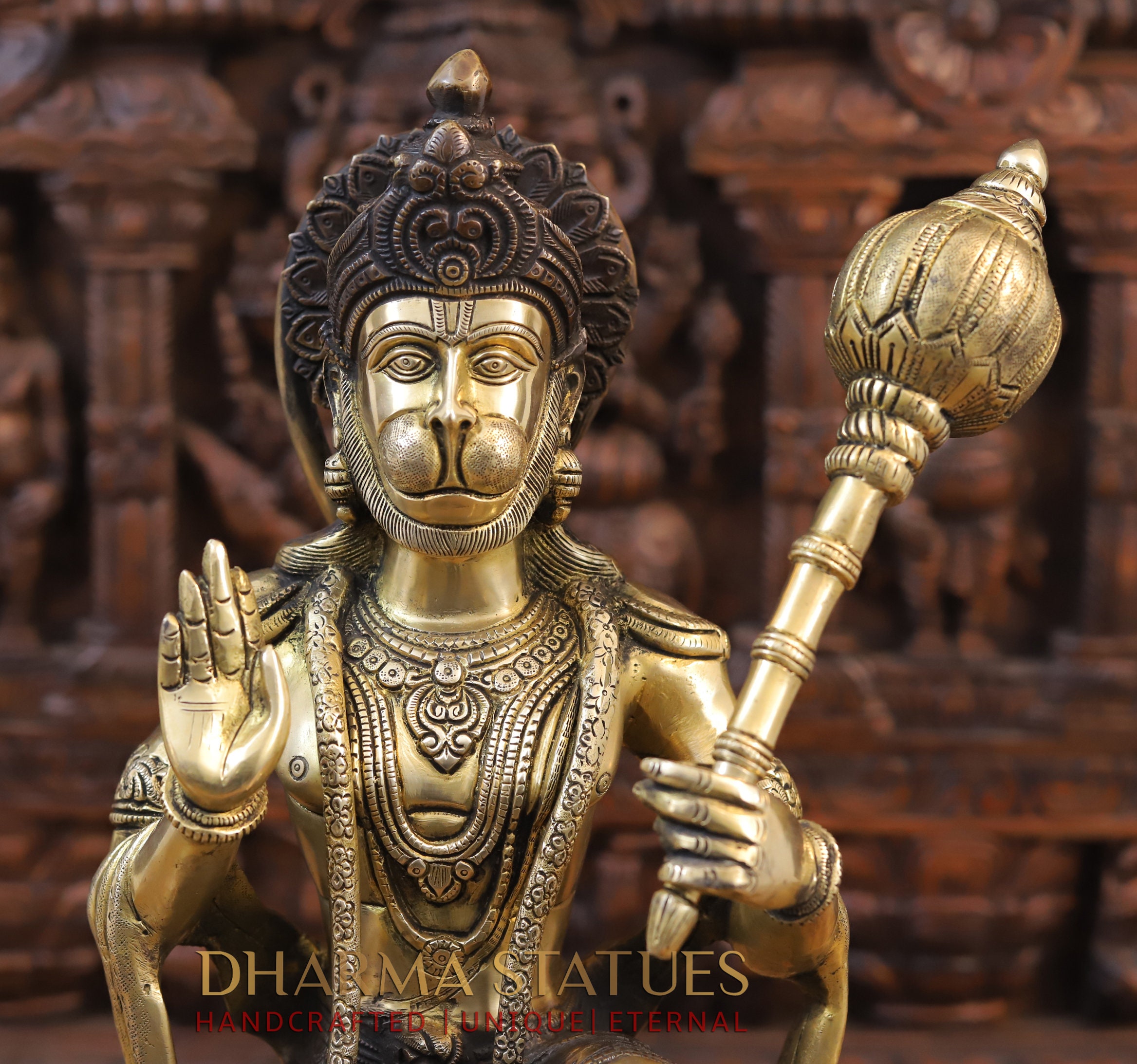 Brass Stalwart Fearless Lord Hanuman Seated on a Pedestal With a Mace ...
