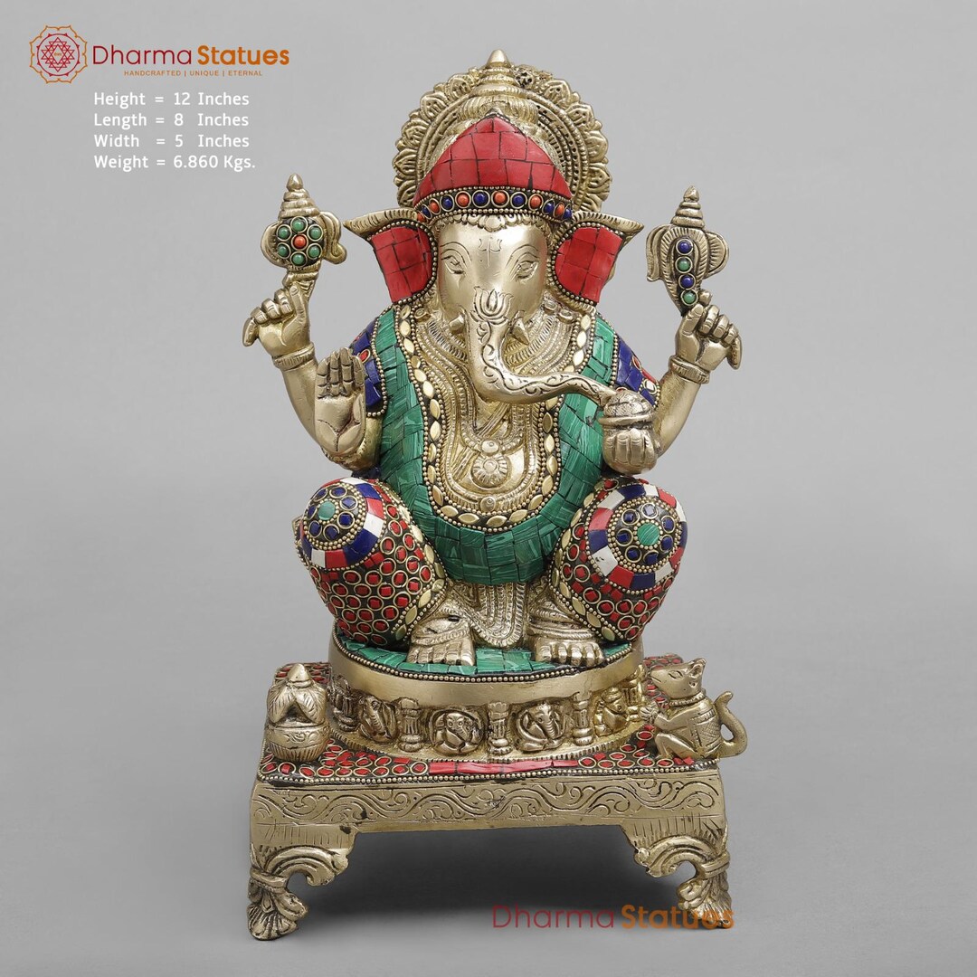 Brass Ganesh on Chowki Seated, Stone Work Fine 12” - Etsy