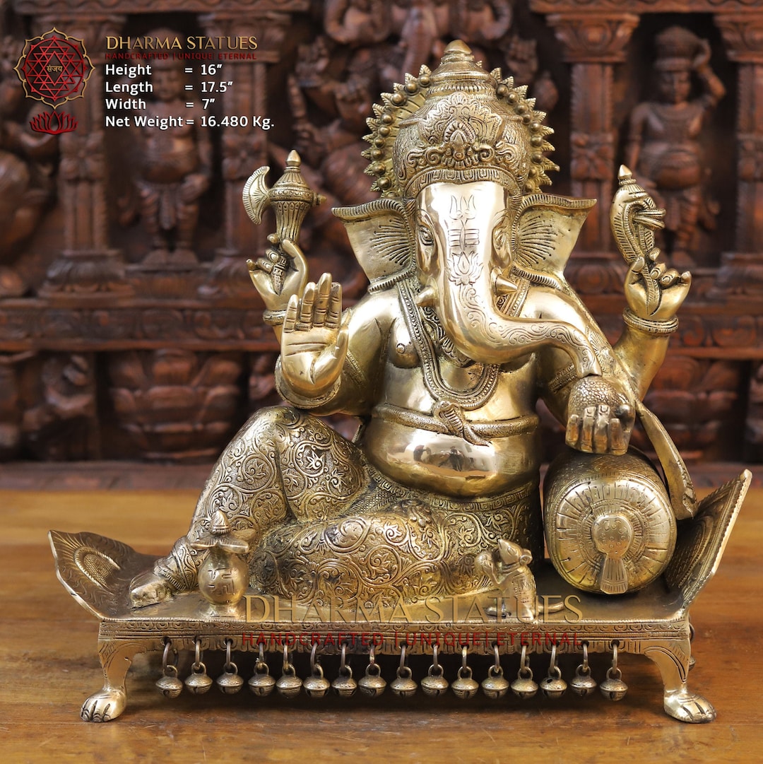 Brass Singhasana Ganesha Showering Blessings on His Pupils - Golden ...