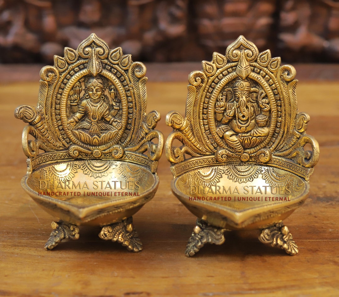 Brass Pair of Auspicious Lakshmi Ganesha Lamps (diyas) - Only at Dharma ...