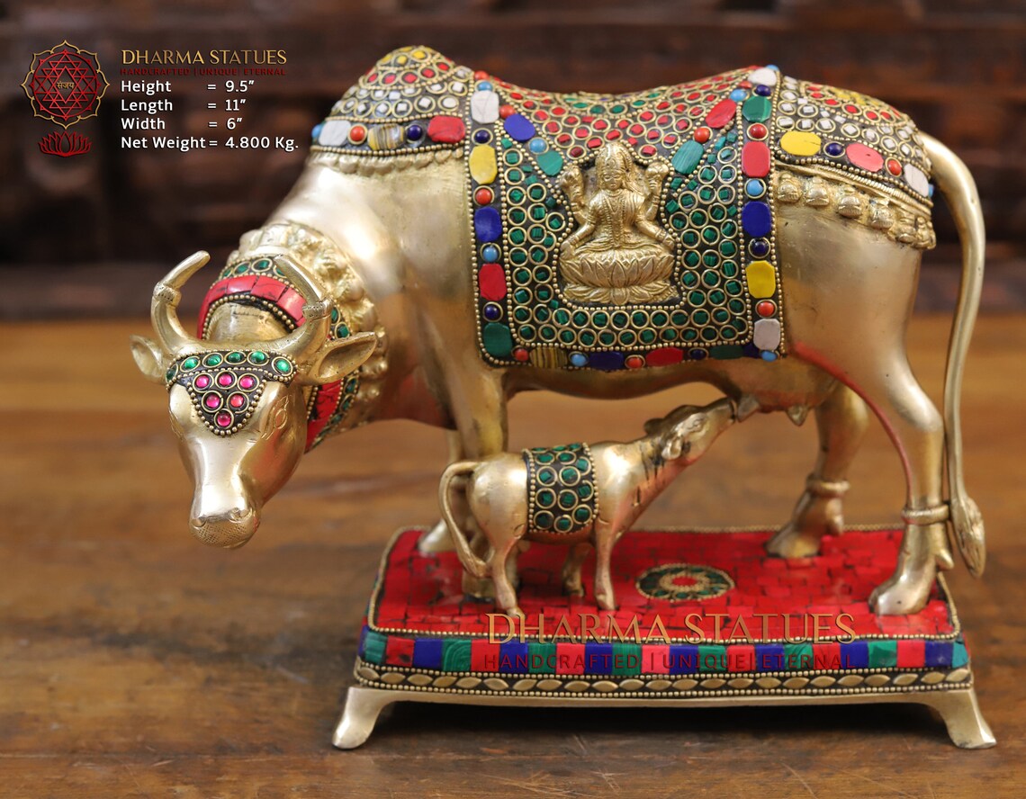 Brass Kamdhenu Cow & Calf With Engraved With Hindu Gods - Etsy