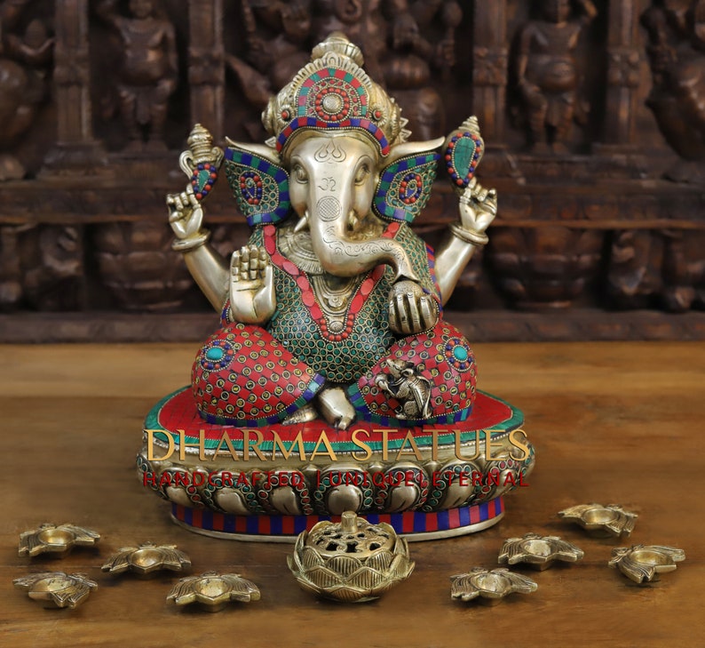 Brass Aasana Ganpati (ganesha) in Detailed Semi Precious High Detailed ...