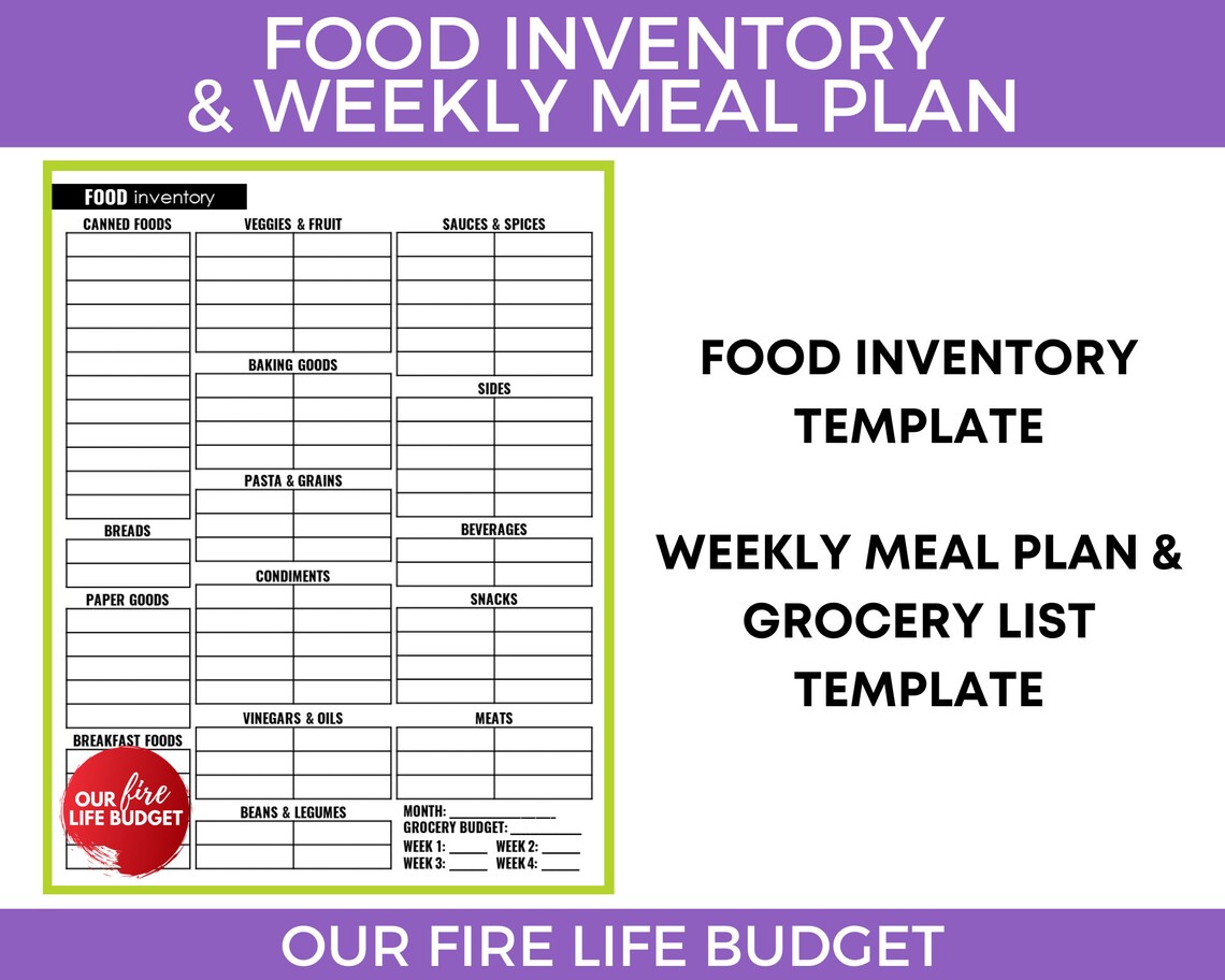 Food Inventory, Weekly Meal Plan & Grocery List Template Budgeting ...