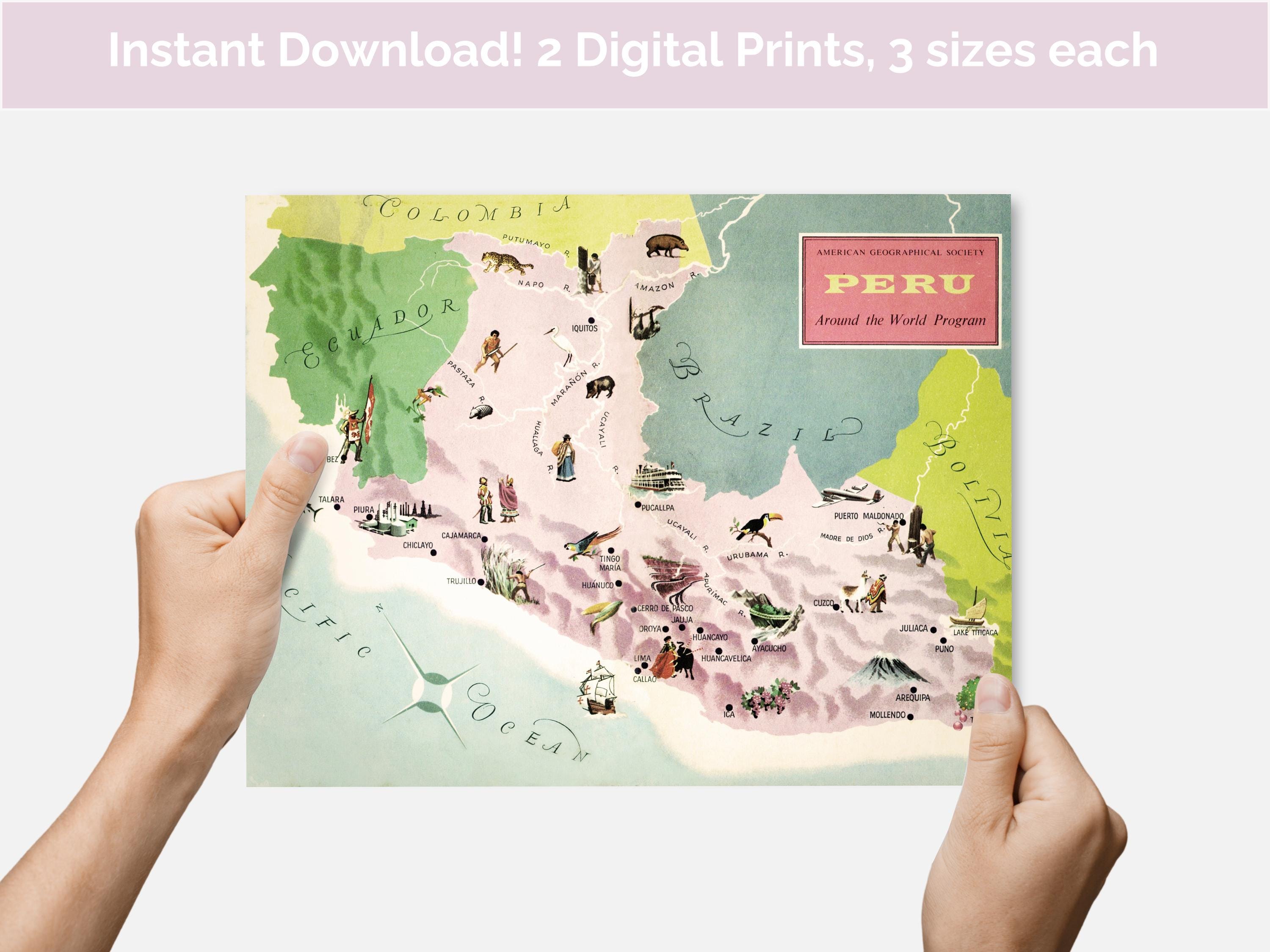 Two Vintage Peru Maps | Peruvian Art Prints | Pastel and Bold Map ...