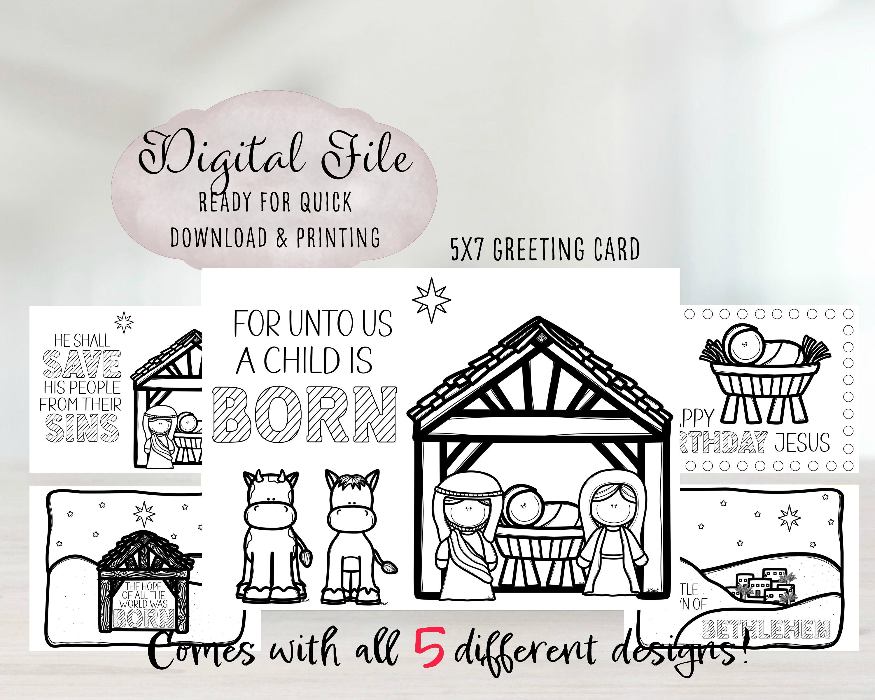 Christian Christmas Card Printable, Christmas Coloring Card Digital ...