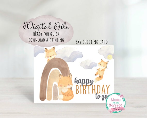 Fox Birthday Card Printable Fox Greeting Card Gender Neutral | Etsy